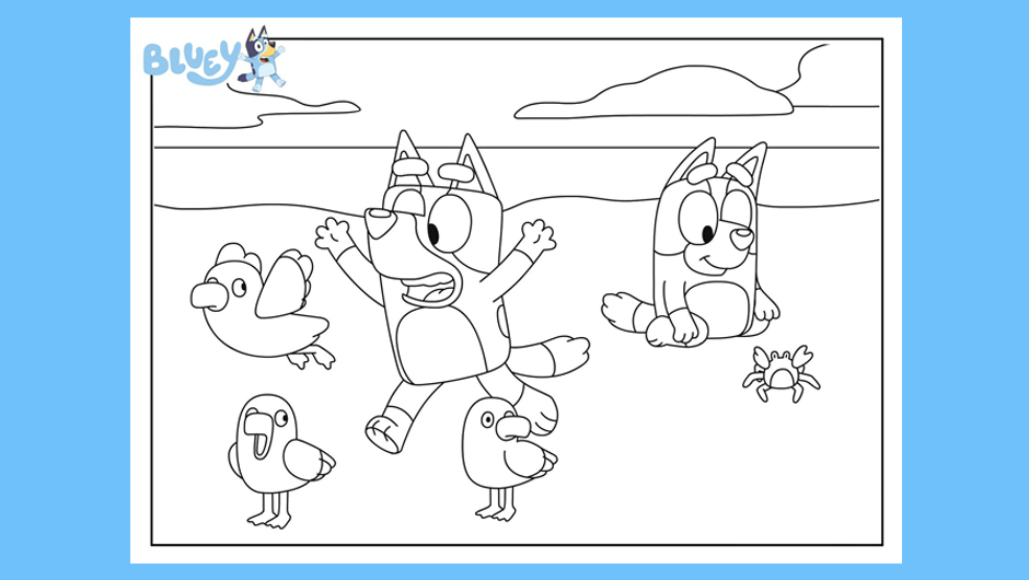 Print Your Own Colouring Sheet Of Bluey At The Beach